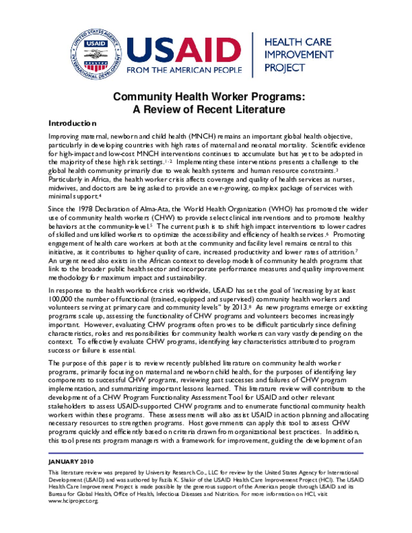 (PDF) Community Health Worker Programs: A Review of Recent Literature
