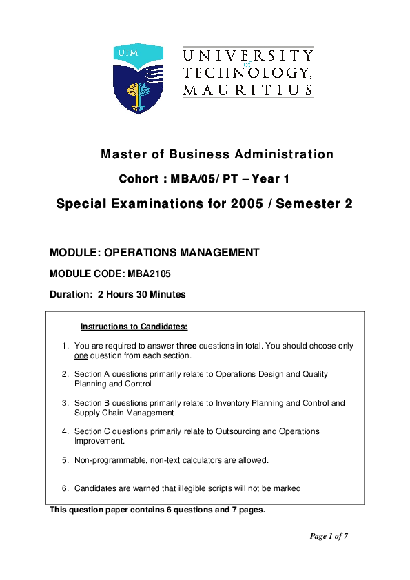 (PDF) Special Examinations for 2005 / Semester 2 MODULE: OPERATIONS MANAGEMENT MODULE CODE ...