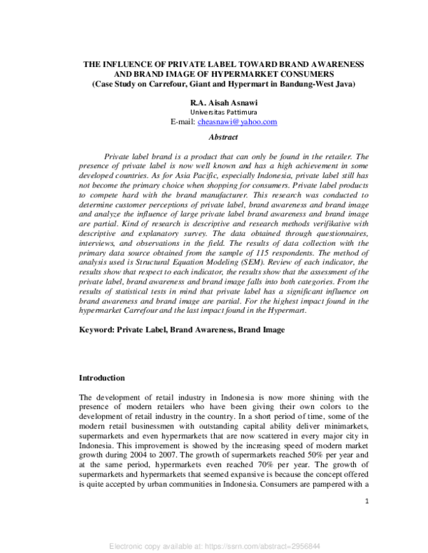 (PDF) THE INFLUENCE OF PRIVATE LABEL TOWARD BRAND AWARENESS AND BRAND ...
