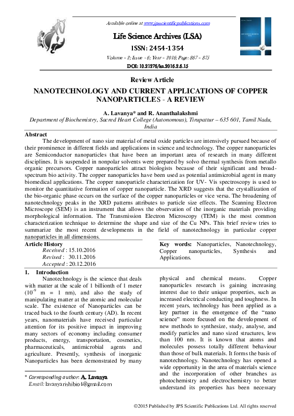 (PDF) NANOTECHNOLOGY AND CURRENT APPLICATIONS OF COPPER NANOPARTICLES ...