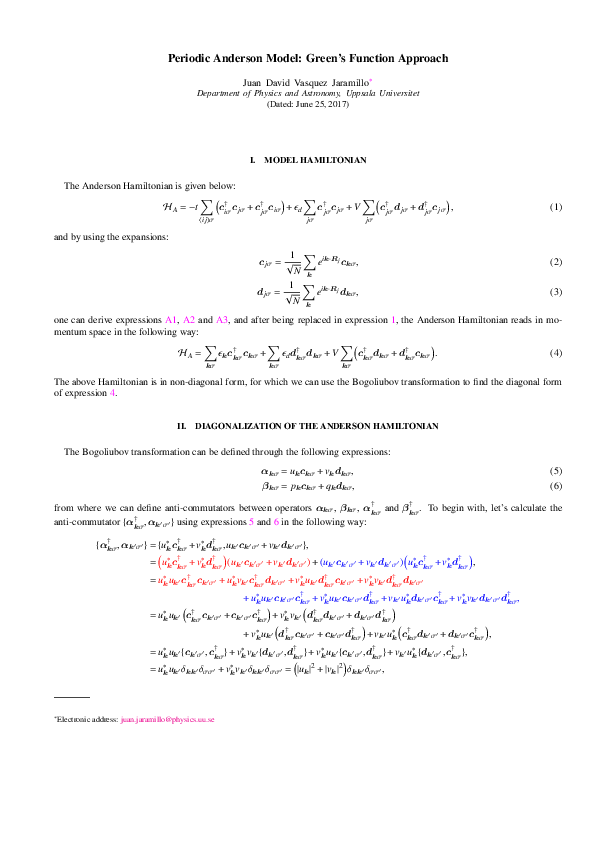 (PDF) Periodic Anderson Model: Green's Function Approach
