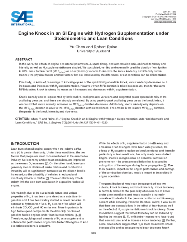 (PDF) Engine Knock in an SI Engine with Hydrogen Supplementation under ...