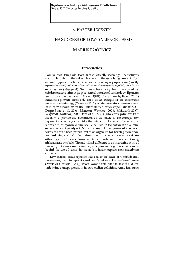 (PDF) CHAPTER TWENTY THE SUCCESS OF LOW-SALIENCE TERMS MARIUSZ GÓRNICZ