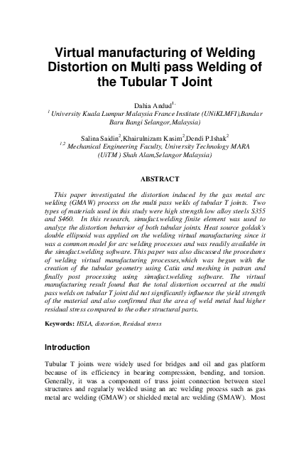 (PDF) Virtual manufacturing of Welding Distortion on Multi pass Welding of the Tubular T Joint