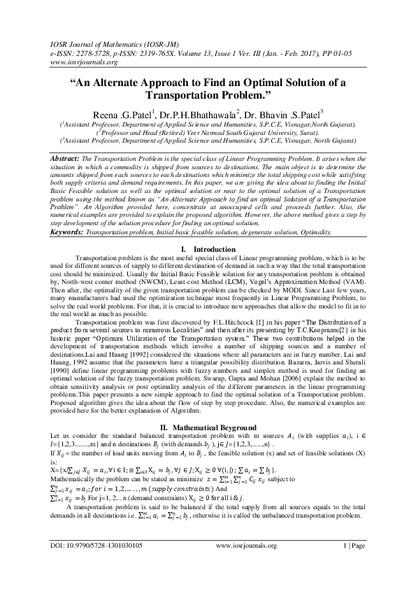 Pdf An Alternate Approach To Find An Optimal Solution Of A Transportation Problem
