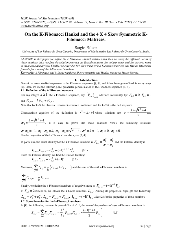 Pdf On The K Fibonacci Hankel And The 4 X 4 Skew Symmetric K Fibonacci Matrices Iosr Jm