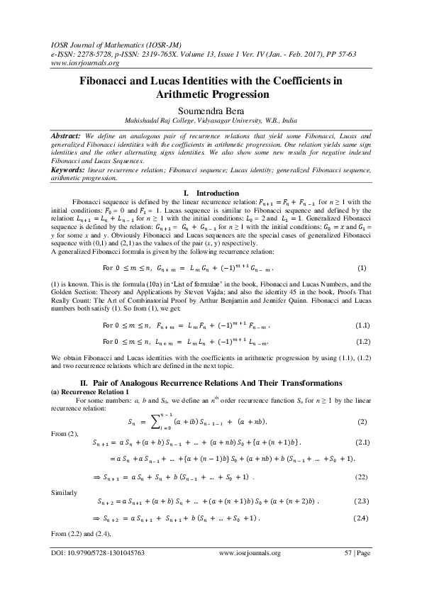 Pdf Fibonacci And Lucas Identities With The Coefficients In Arithmetic Progression