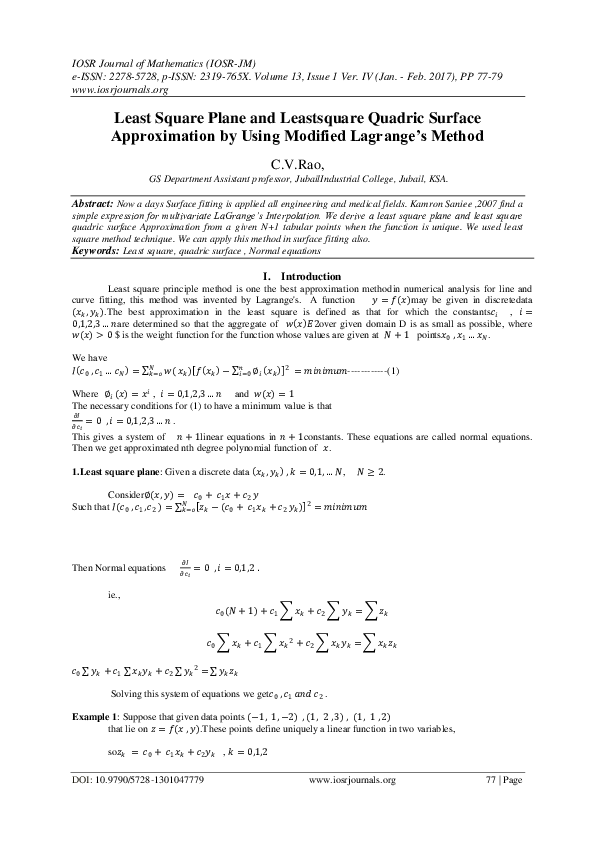 (PDF) Least Square Plane and Leastsquare Quadric Surface Approximation by Using Modified ...