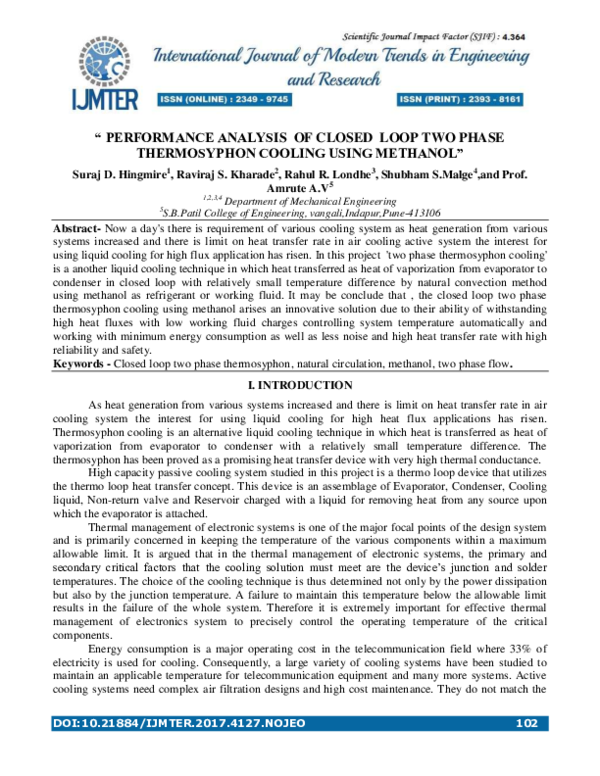 Pdf Performance Analysis Of Closed Loop Two Phase Thermosyphon Cooling Using Methanol