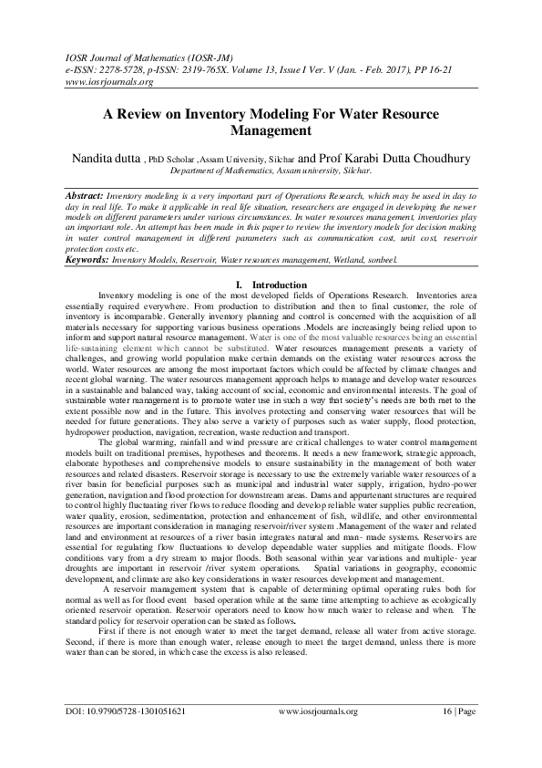 (PDF) A Review on Inventory Modeling For Water Resource Management