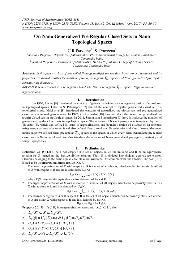 Pdf On Nano Generalized Pre Regular Closed Sets In Nano Topological Spaces