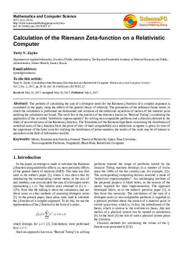 Pdf Calculation Of The Riemann Zeta Function On A Relativistic Computer