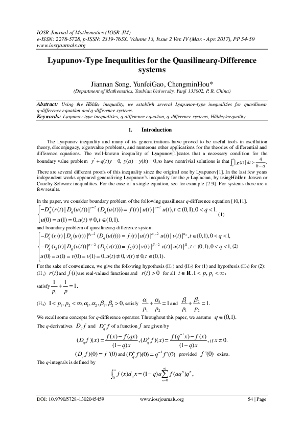 (PDF) Lyapunov-Type Inequalities for the Quasilinearq-Difference systems (PDF) Lyapunov-Type Inequalities for the Quasilinearq-Difference systems
