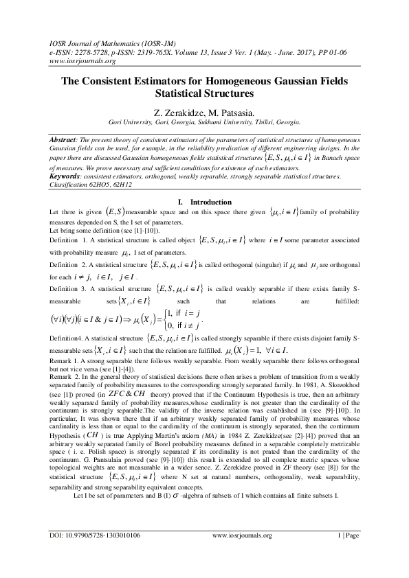 (PDF) The Consistent Estimators for Homogeneous Gaussian Fields Statistical Structures | IOSR JM ...