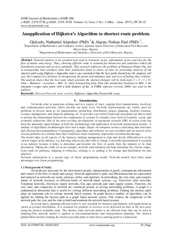 Pdf Anapplication Of Dijkstras Algorithm To Shortest Route Problem