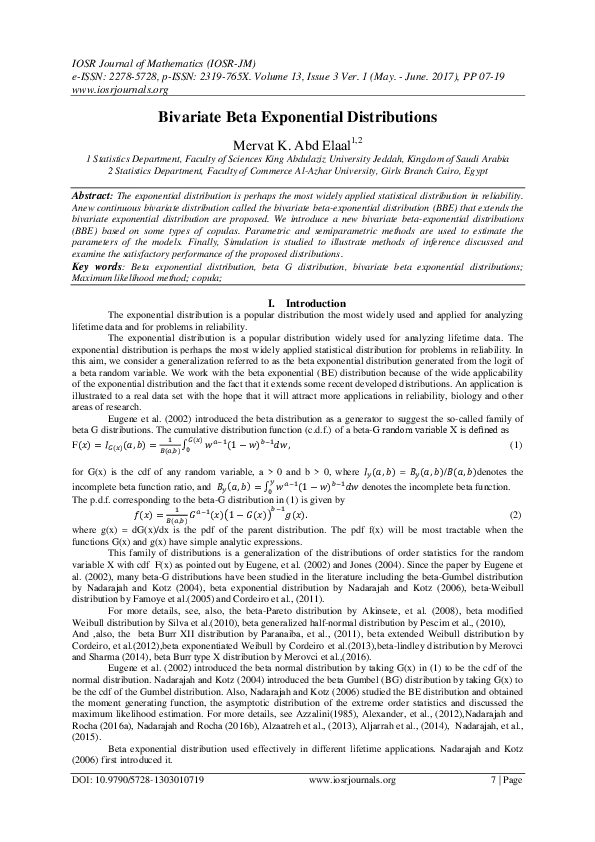 (PDF) Bivariate Beta Exponential Distributions