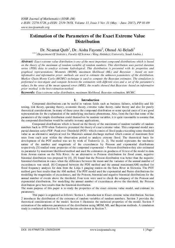 Pdf Estimation Of The Parameters Of The Exact Extreme Value Distribution
