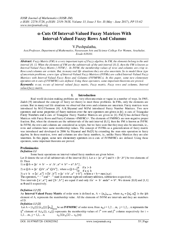 Pdf α Cuts Of Interval Valued Fuzzy Matrices With Interval Valued Fuzzy Rows And Columns