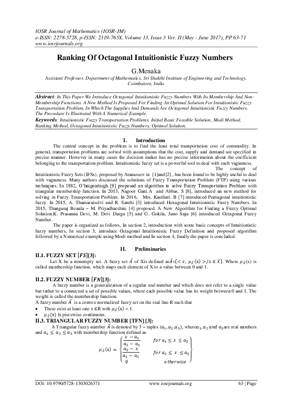 (PDF) Ranking Of Octagonal Intuitionistic Fuzzy Numbers