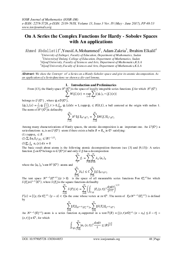 Pdf On A Series The Complex Functions For Hardy Sobolev Spaces With An Applications Iosr Jm