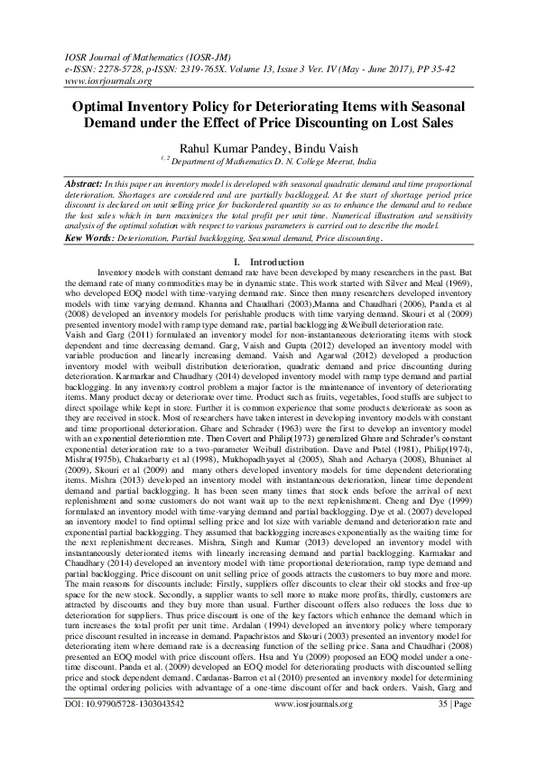 Pdf Optimal Inventory Policy For Deteriorating Items With Seasonal Demand Under The Effect Of