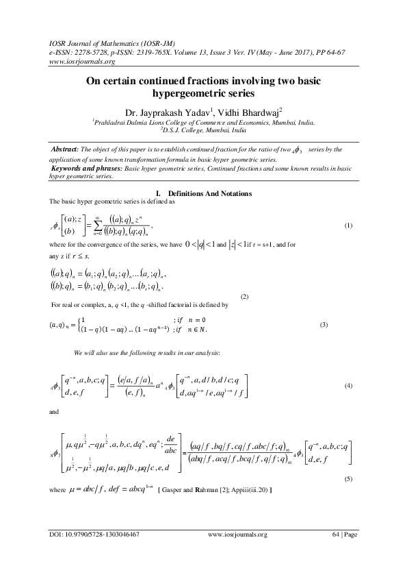(PDF) On certain continued fractions involving two basic hypergeometric series