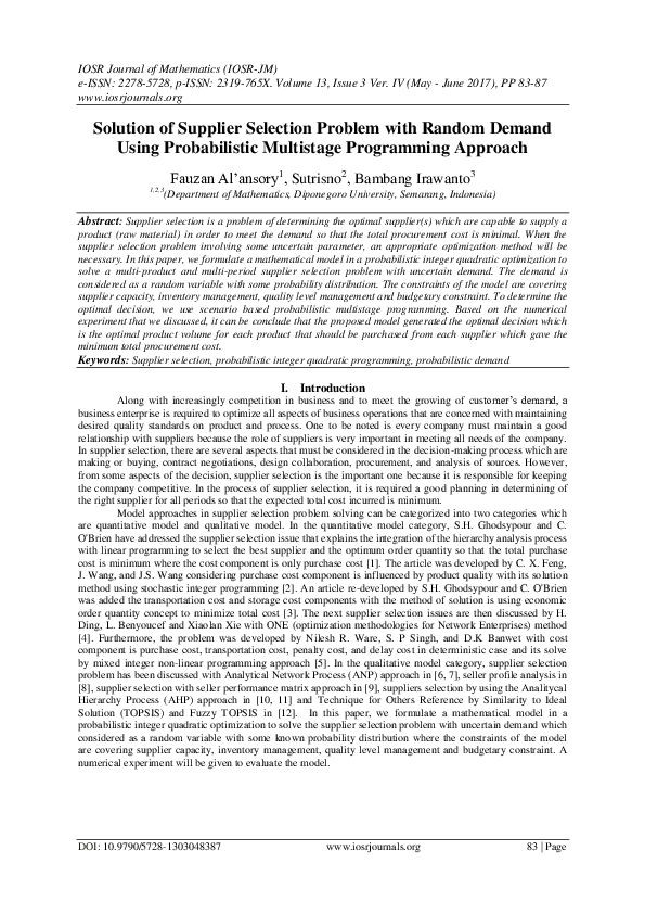 Pdf Solution Of Supplier Selection Problem With Random Demand Using