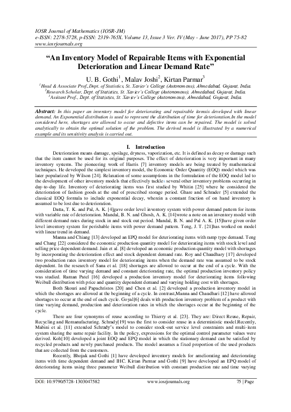 Pdf An Inventory Model Of Repairable Items With Exponential Deterioration And Linear Demand