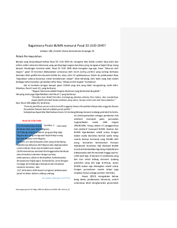 (PDF) Bagaimana Posisi BUMN menurut Pasal 33 UUD 1945