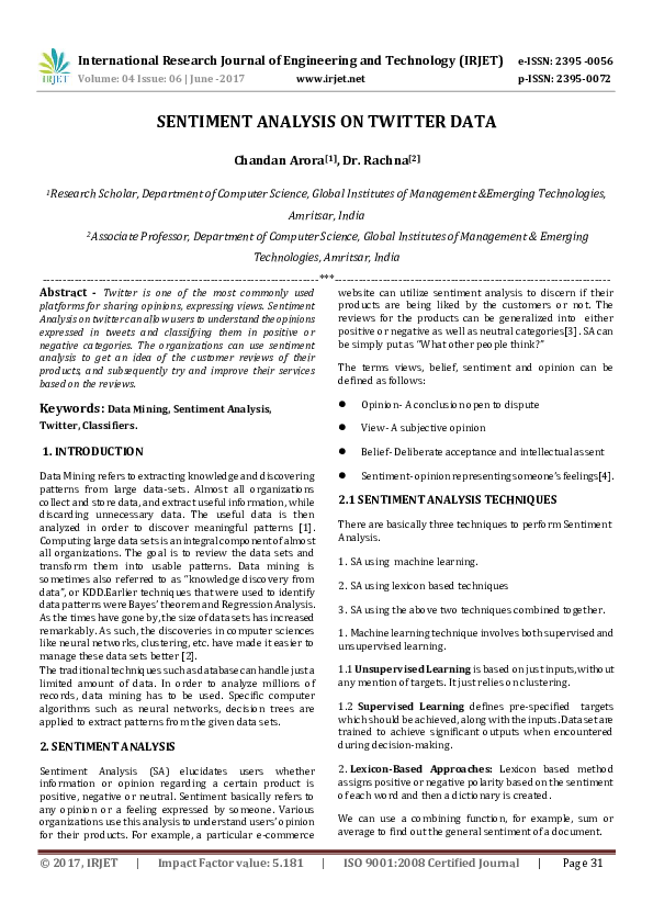 (PDF) SENTIMENT ANALYSIS ON TWITTER DATA