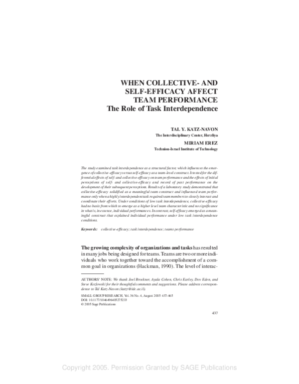 (PDF) WHEN COLLECTIVE-AND SELF-EFFICACY AFFECT TEAM PERFORMANCE The Role of Task Interdependence