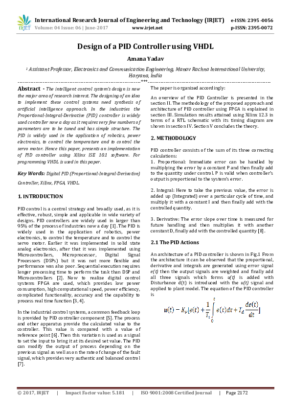 (PDF) Design of a PID Controller using VHDL