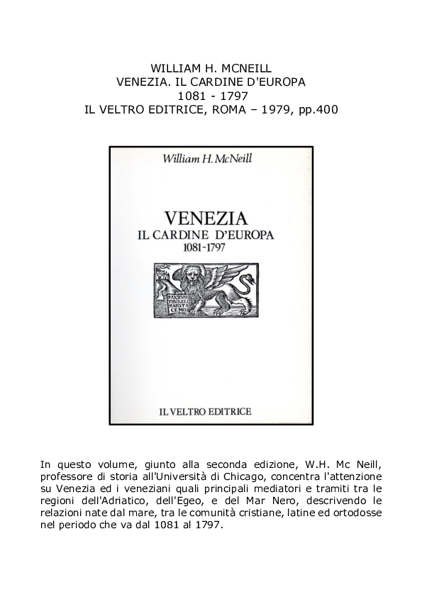 (PDF) WILLIAM H. McNEILL -VENEZIA. IL CARDINE D'EUROPA - 1081-1797 - IL ...