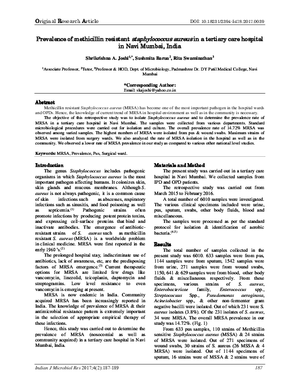 (PDF) Prevalence of methicillin resistant staphylococcus aureus in a tertiary care hospital in ...