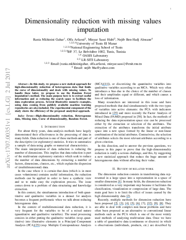 (PDF) Dimensionality reduction with missing values imputation