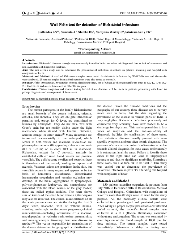 (PDF) Weil Felix test for detection of Rickettsial infections