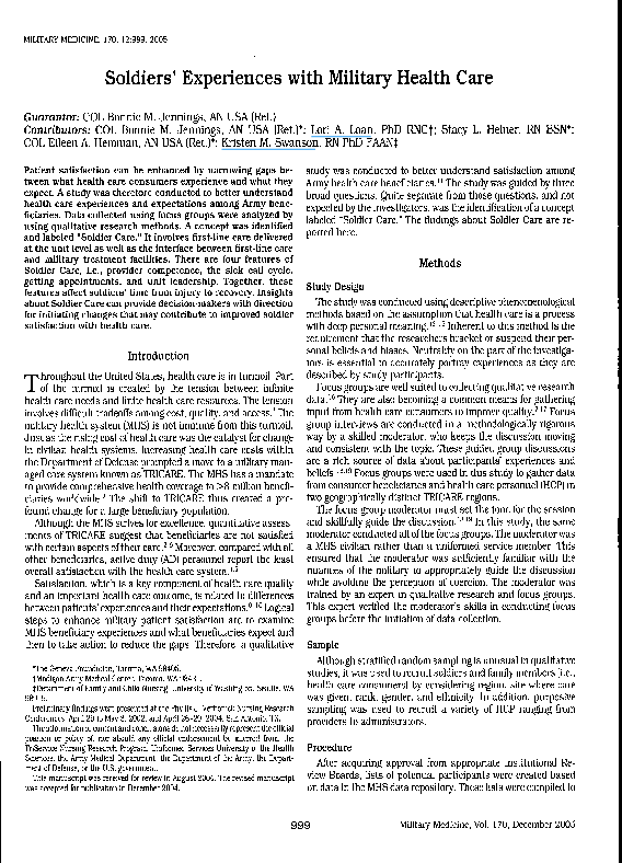 (PDF) Soldiers' experiences with military health care