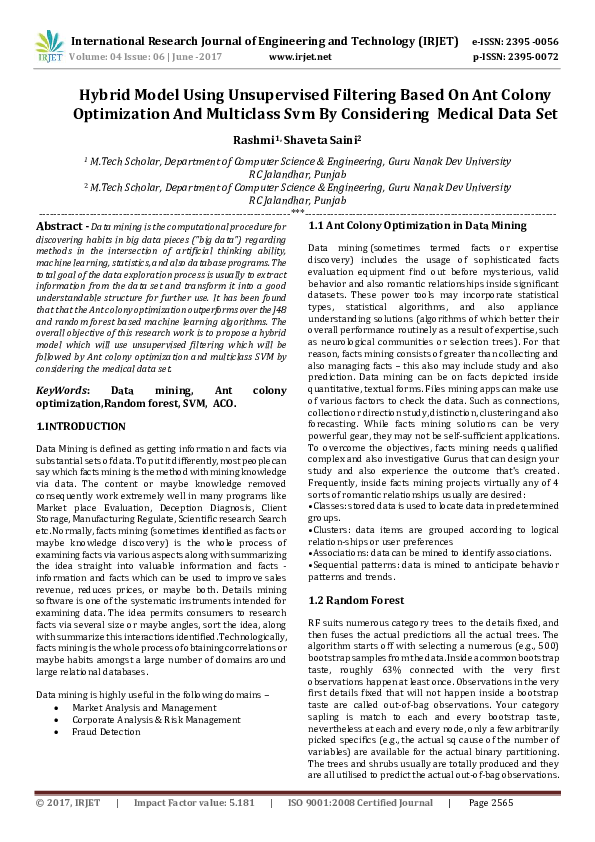 Pdf Hybrid Model Using Unsupervised Filtering Based On Ant Colony Optimization And Multiclass