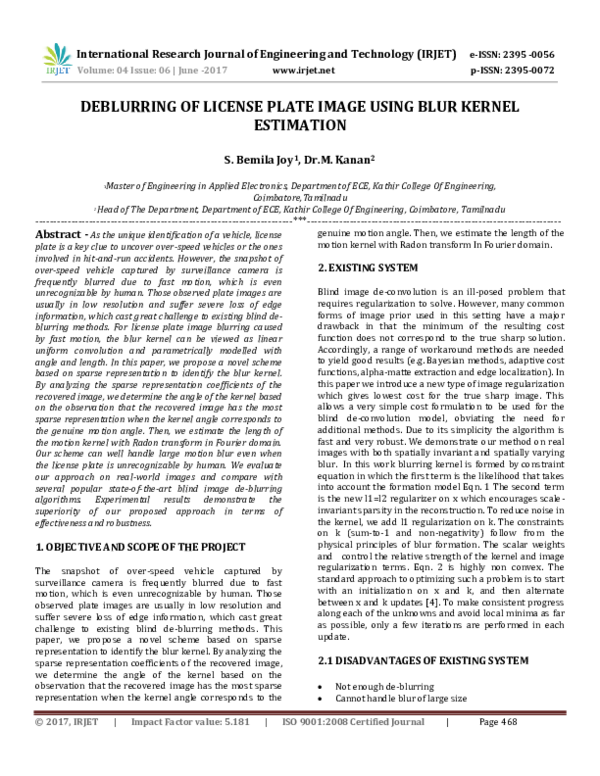 Pdf Deblurring Of License Plate Image Using Blur Kernel Estimation