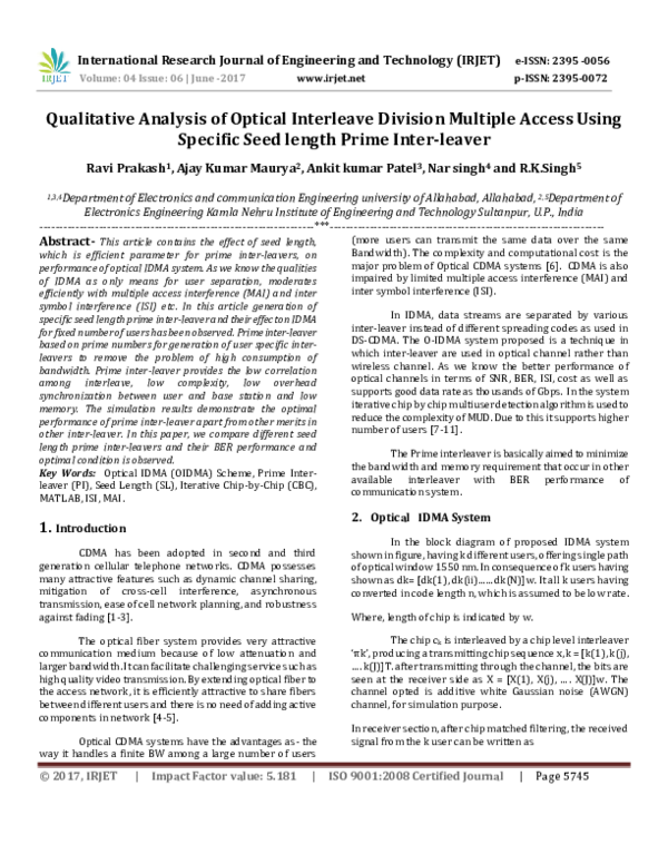 Pdf Qualitative Analysis Of Optical Interleave Division Multiple Access Using Specific Seed