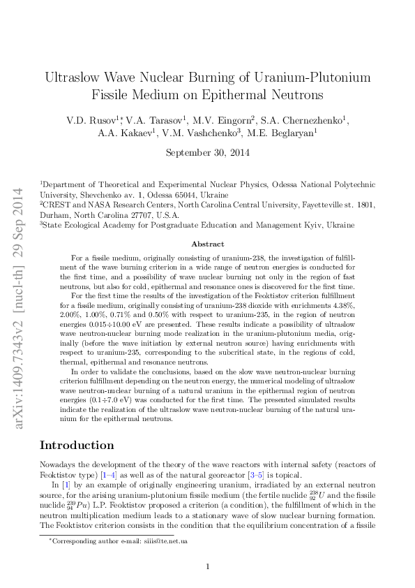 (PDF) Ultraslow Wave Nuclear Burning of Uranium-Plutonium Fissile ...