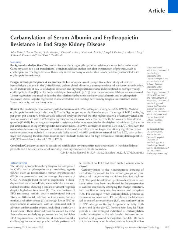 (PDF) Carbamylation of Serum Albumin and Erythropoietin Resistance in ...