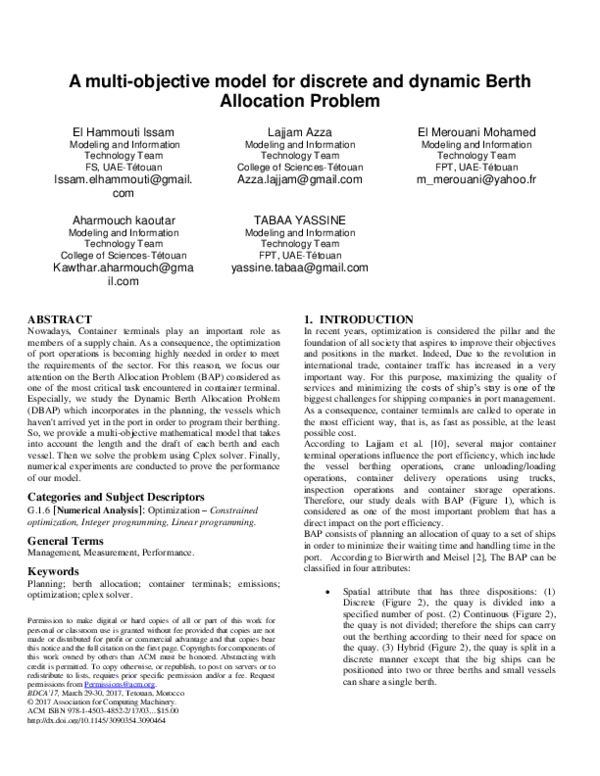Pdf A Multi Objective Model For Discrete And Dynamic Berth Allocation Problem Mohamed El 
