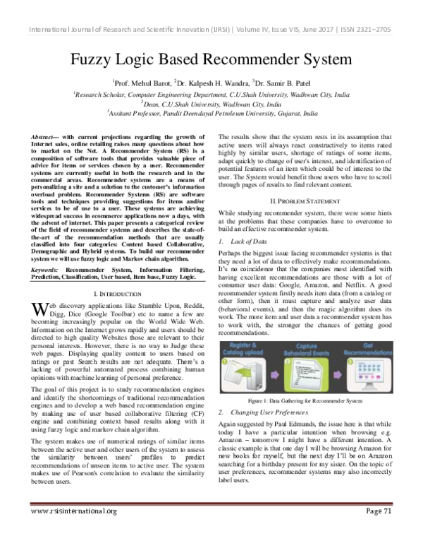 Pdf Fuzzy Logic Based Recommender System