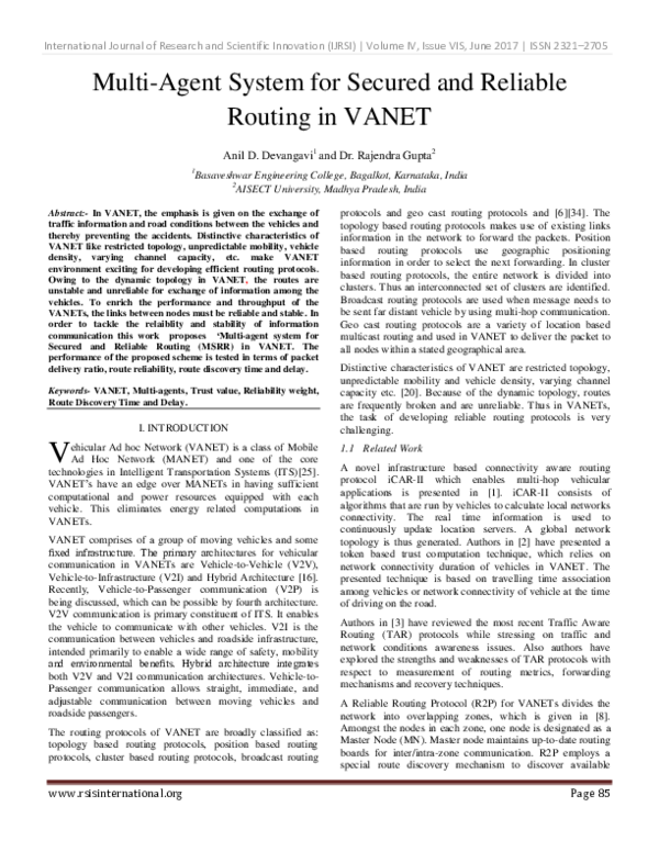 (PDF) Multi-Agent System for Secured and Reliable Routing in VANET