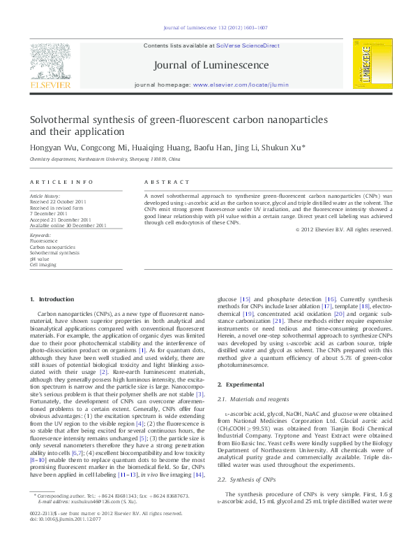 (PDF) Solvothermal synthesis of green-fluorescent carbon nanoparticles ...