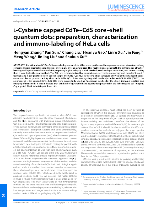 (PDF) L-Cysteine capped CdTe-CdS core-shell quantum dots: preparation, characterization and ...