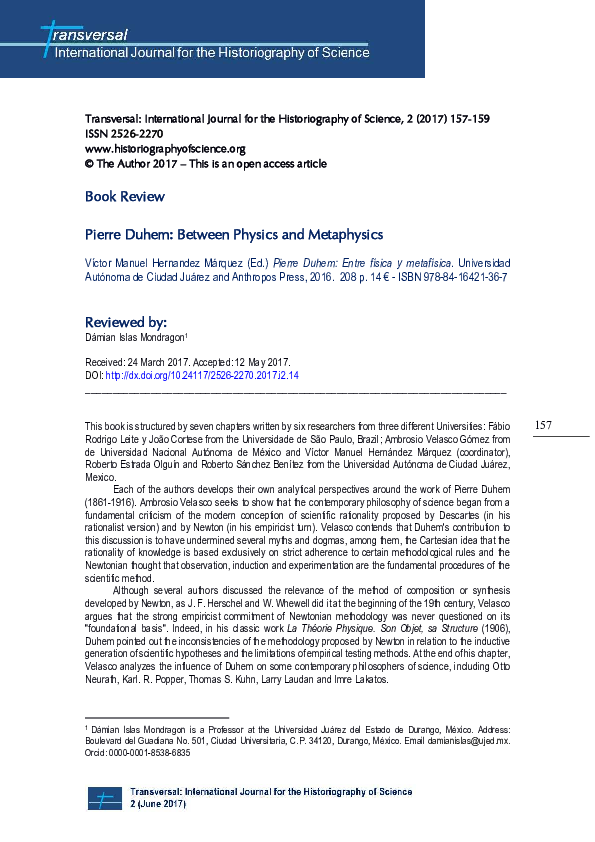(PDF) 2017. Book Review "Pierre Duhem: Between Physics and Metaphysics ...