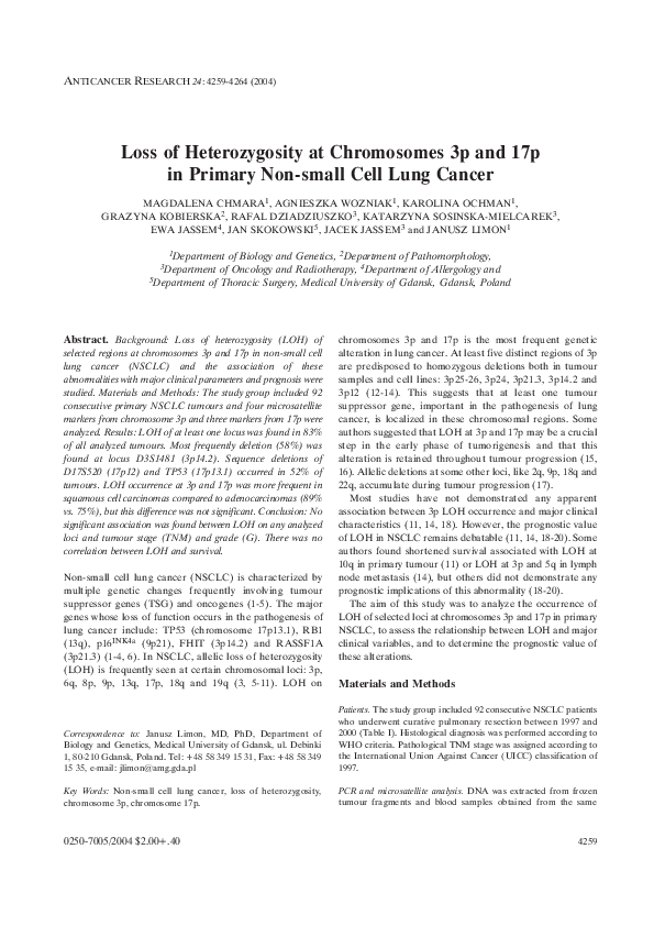 (PDF) Loss of heterozygosity at chromosomes 3p and 17p in primary non ...
