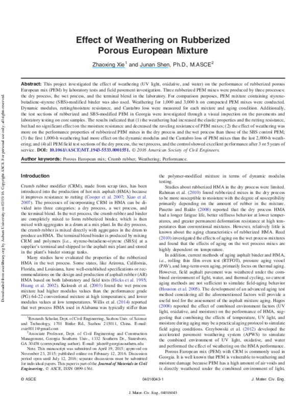 (PDF) Effect of Weathering on Rubberized Porous European Mixture